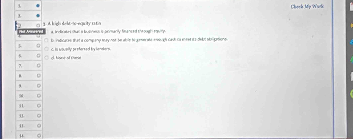 Solved: Check My Work 2 3. A high debt-to-equity ratio a, indicates ...
