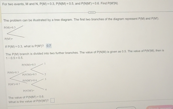 Solved: For two events, M and N, P(M)=0.3,P(N|M)=0.5 , and P(N|M^n)=0.6. Find P(M'|N). The ...