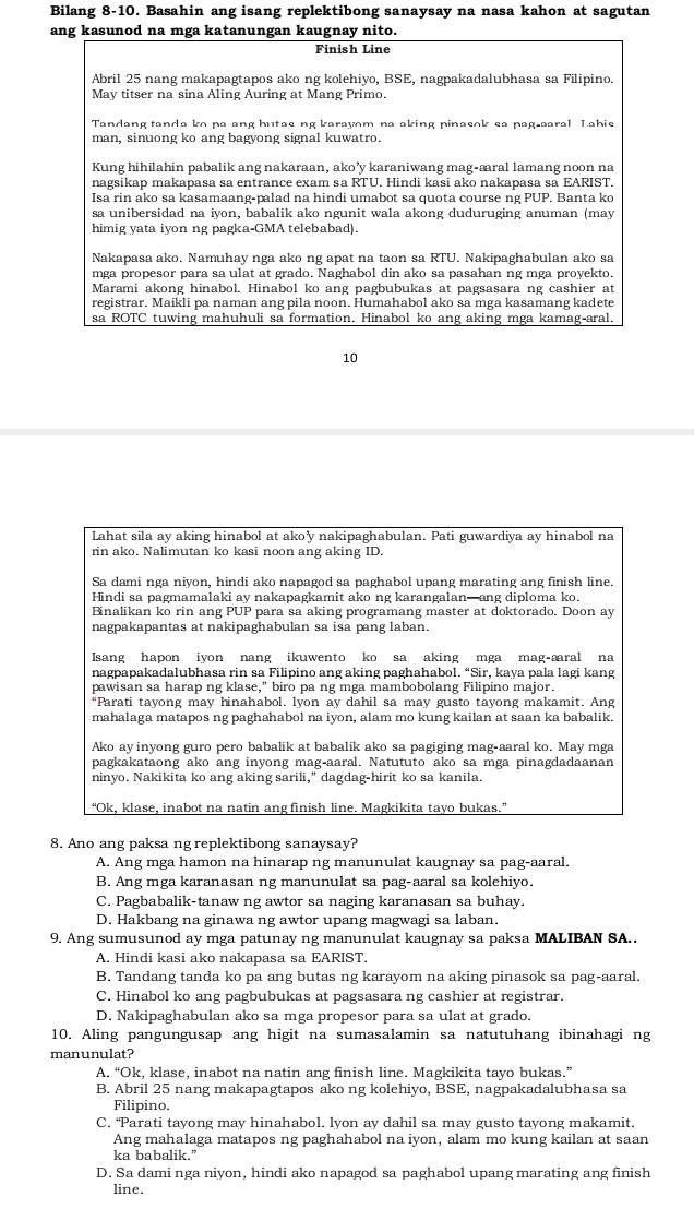 Solved: Bilang 8-10. Basahin ang isang replektibong sanaysay na nasa ...