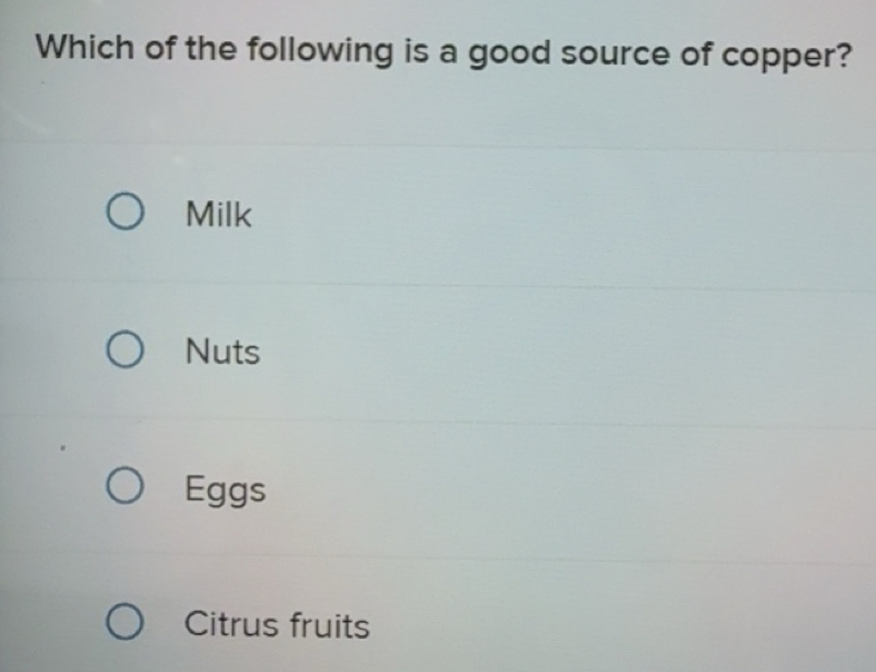 Solved: Which of the following is a good source of copper? Milk Nuts ...