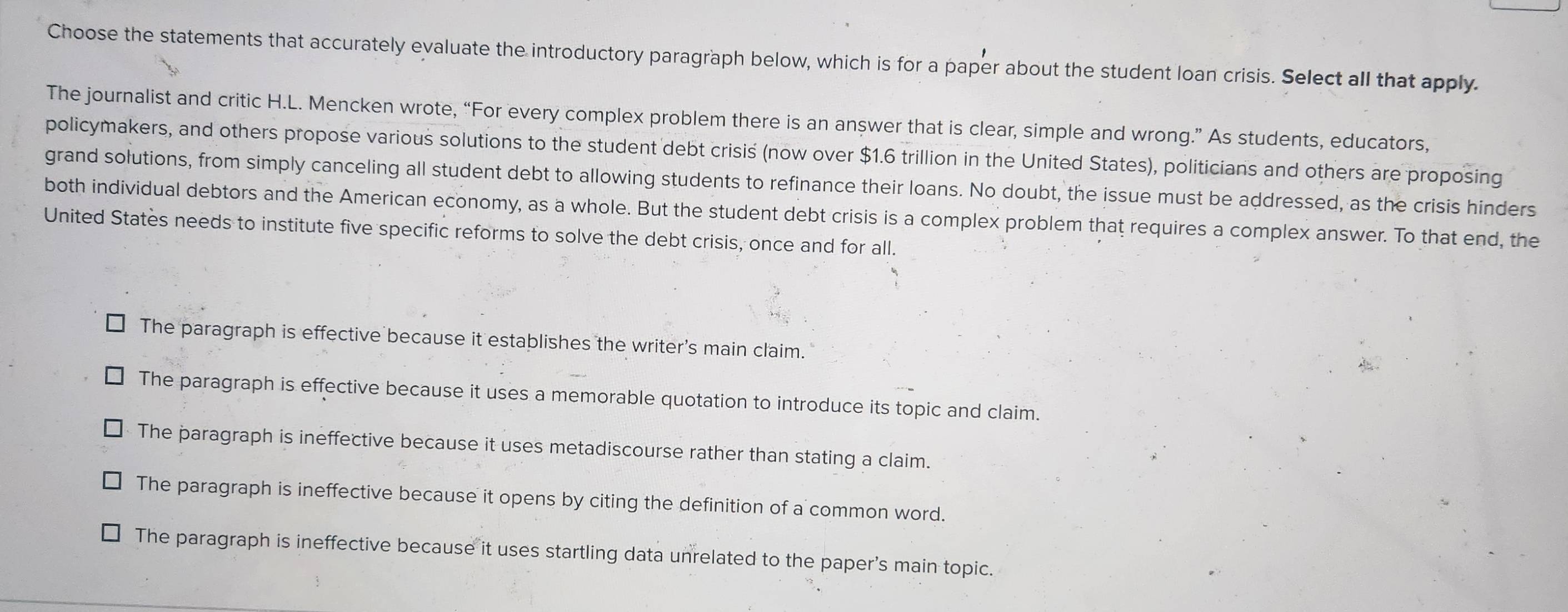 Solved: Choose the statements that accurately evaluate the introductory ...