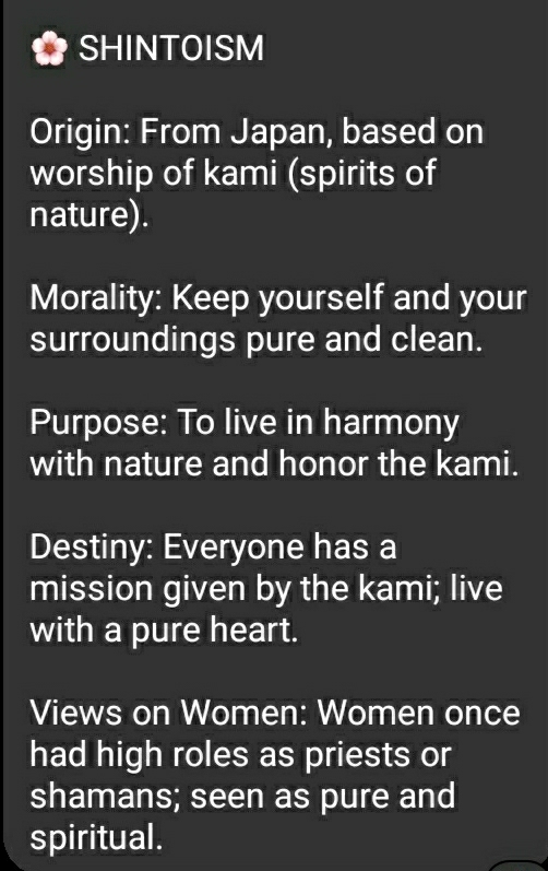 Solved: SHINTOISM Origin: From Japan, based on worship of kami (spirits ...