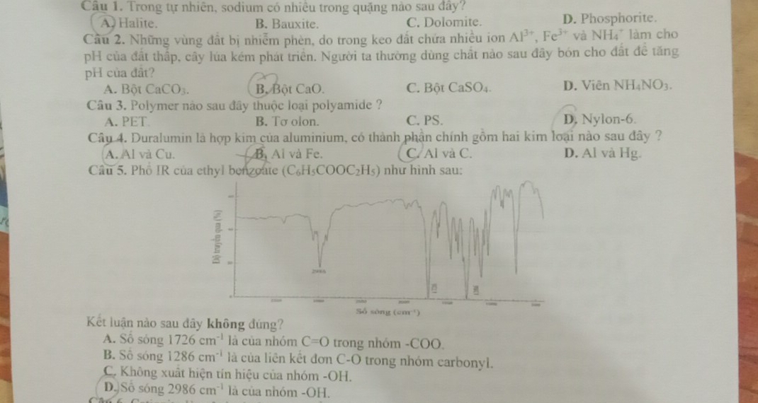 Giải quyết:Trong tự nhiên, sodium có nhiêu trong quặng nào sau đây? A ...
