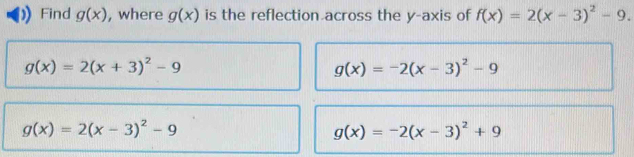 Solved: Find g(x) , where g(x) is the reflection across the y-axis of f(x)=2(x-3)^2-9. g(x)=2(x+ ...