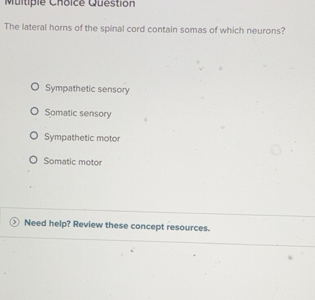 Solved: Question The lateral horns of the spinal cord contain somas of ...