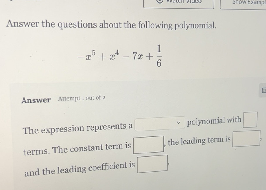 Solved: Show Examp Answer the questions about the following polynomial ...