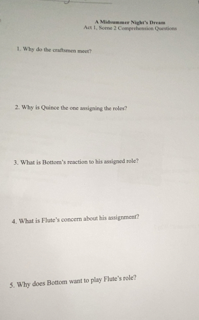 Solved: A Midsummer Night's Dream Act 1, Scene 2 Comprehension ...