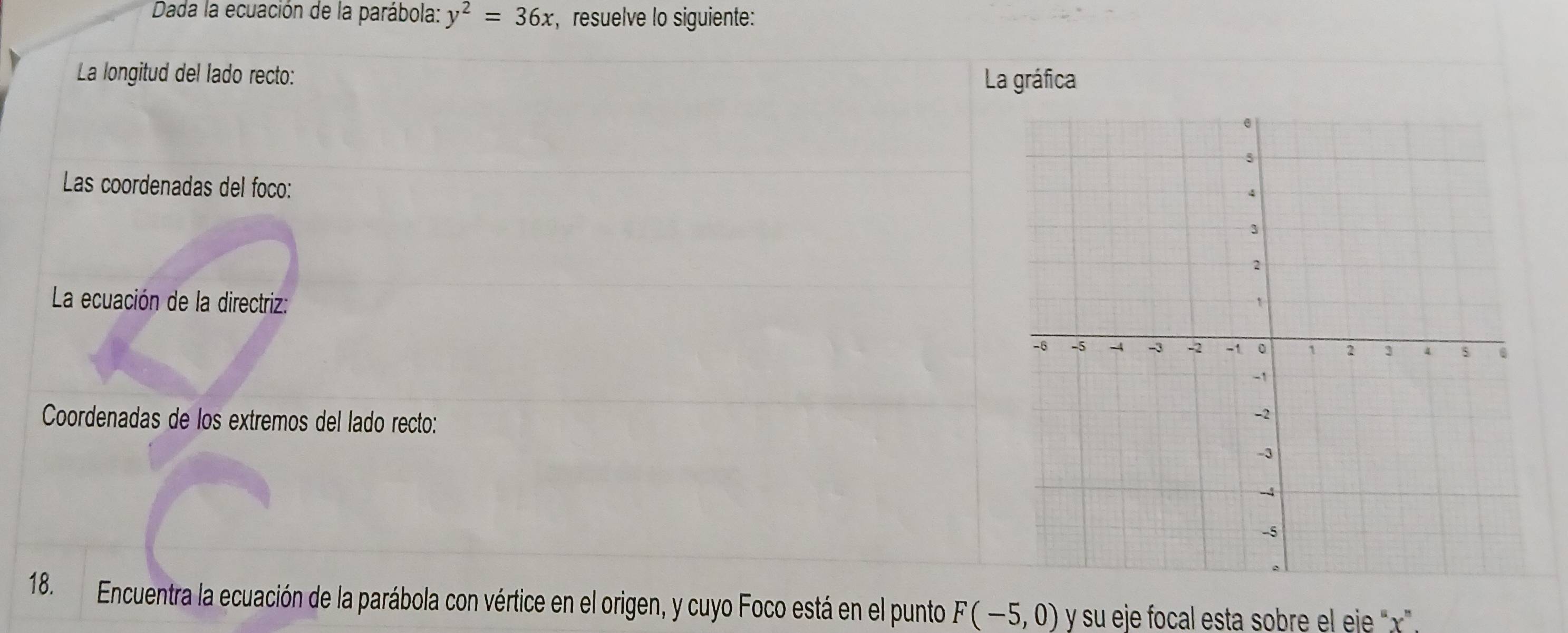 Resuelto:Dada la ecuación de la parábola: y^2=36x , resuelve o ...