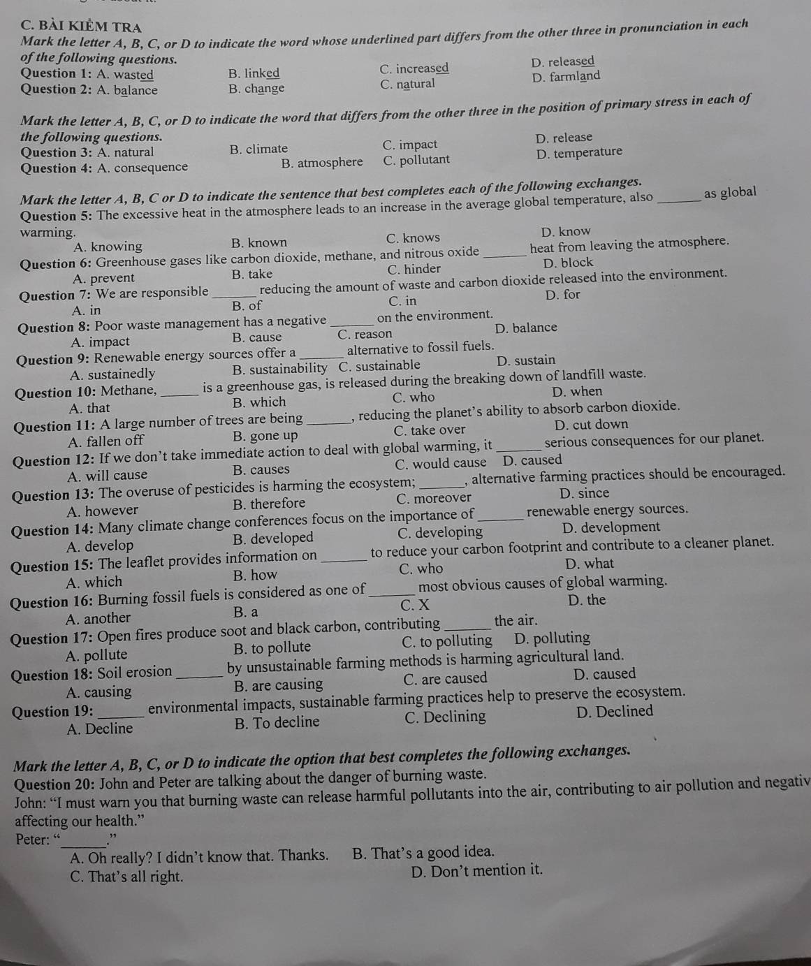 Giải quyết:Bài KIÊM TRA Mark the letter A. B. C. or D to indicate the ...