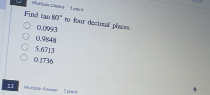 Solved: Find tan 80° to four decimal places. 0.0993 0.9848 5.6713 0. ...