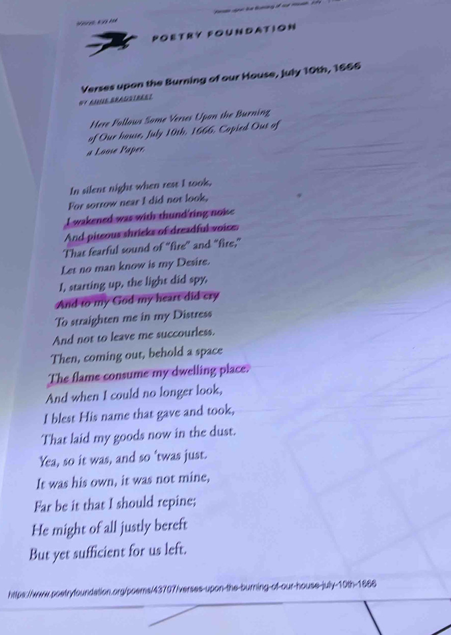 Solved: POETRY POUNDATION Verses upon the Burning of our House, July ...
