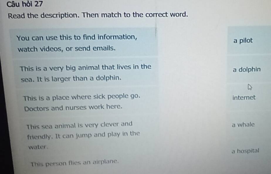 Giải quyết:Câu hỏi 27 Read the description. Then match to the correct ...