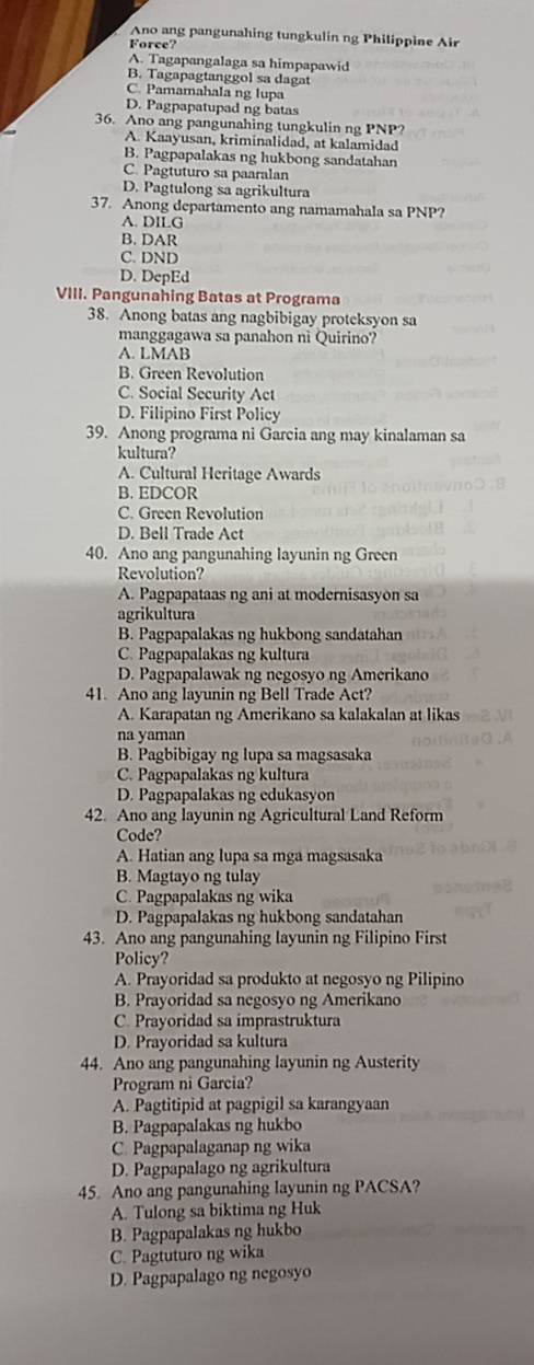 Solved: Ano ang pangunahing tungkulin ng Philippine Air Force? A ...