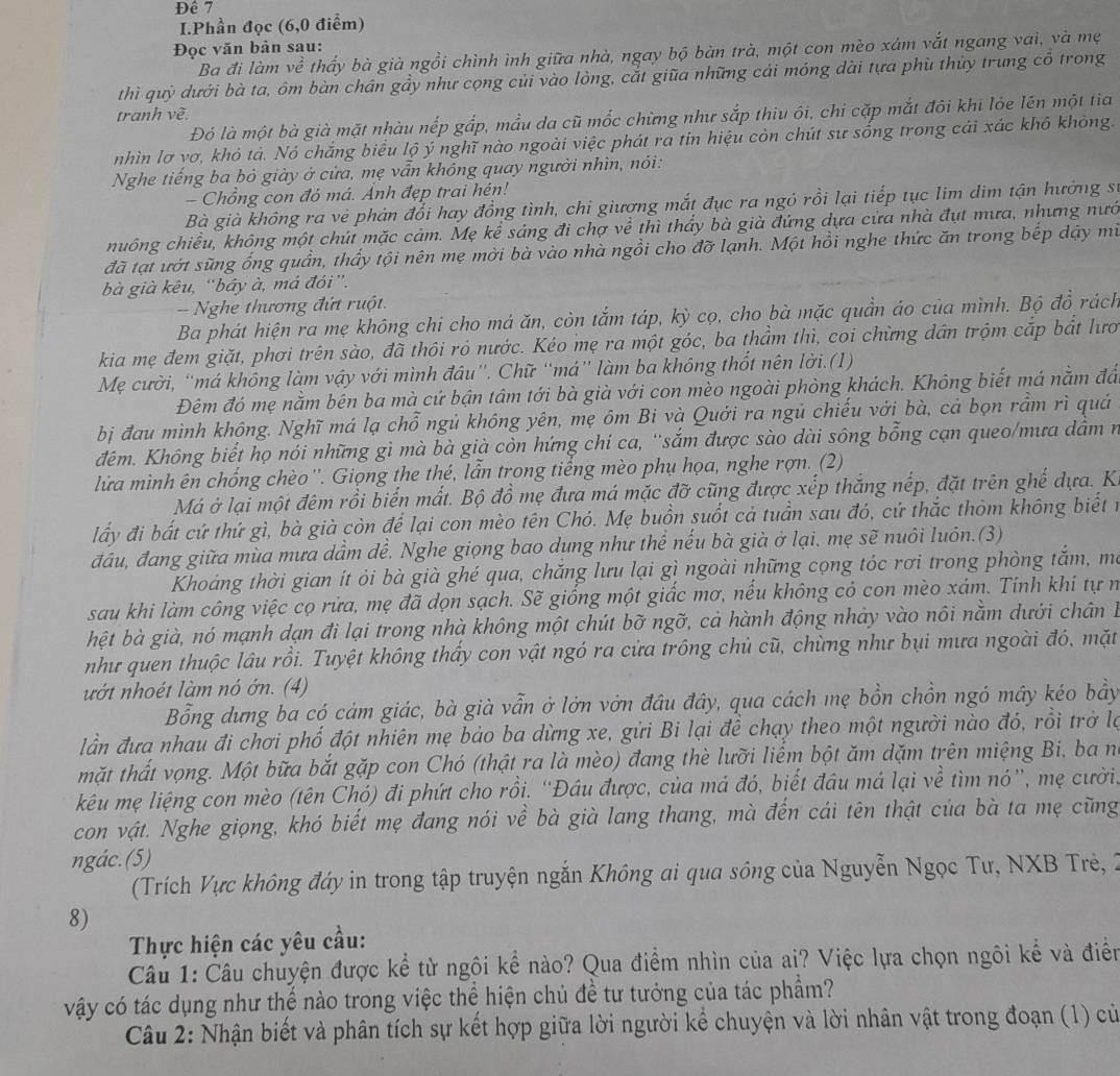 Giải quyết:Đê 7 I.Phần đọc (6,0 điểm) Đọc văn bản sau: Ba đi làm về ...