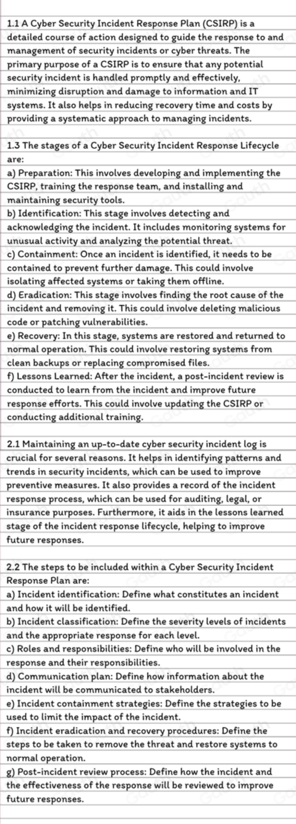 Solved: 1.1 Describe what a cyber security incident response plan is ...