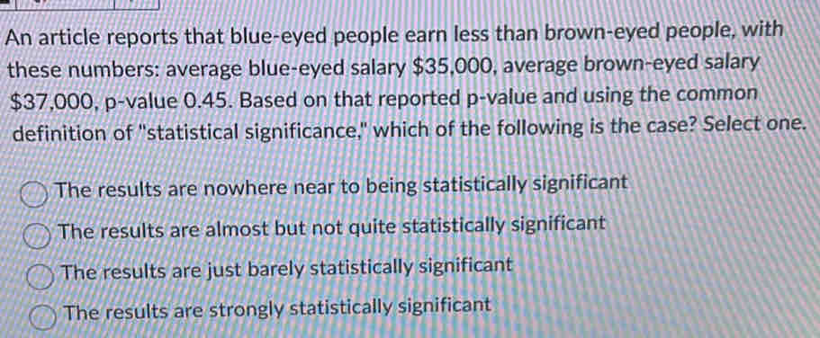 Solved: An article reports that blue-eyed people earn less than brown ...
