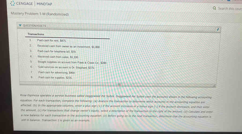 Solved: CENGAGE mIndtap Search this cour Mastery Problem 1-M ...