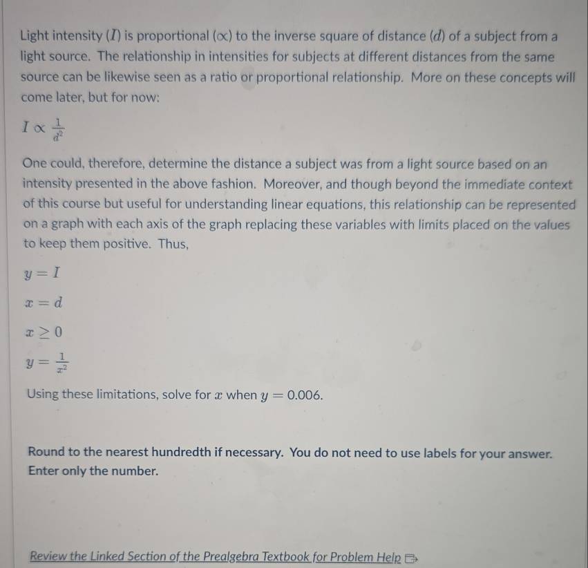 Solved: Light intensity (I) is proportional (α) to the inverse square ...