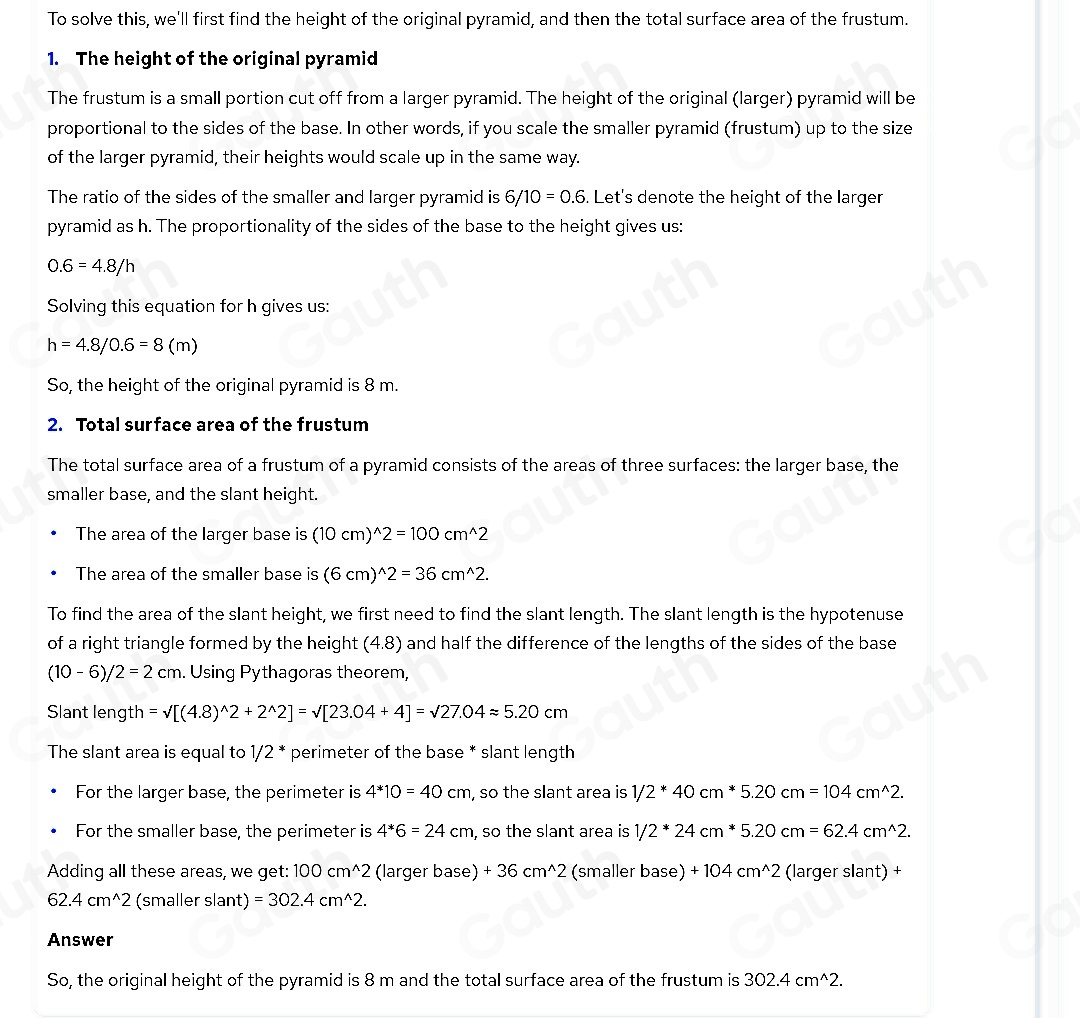 Solved: A frustum of a solid pyramid has a square base and a square top ...