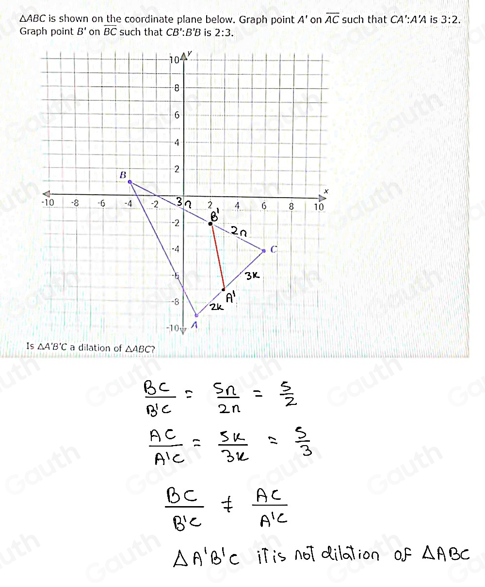 Solved: ABC is shown on the coordinate plane below. Graph point A' on overline AC such that CA ...