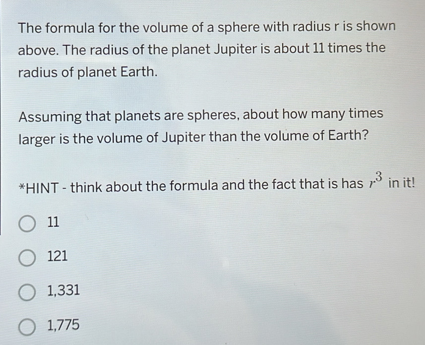 Solved: The formula for the volume of a sphere with radius r is shown ...