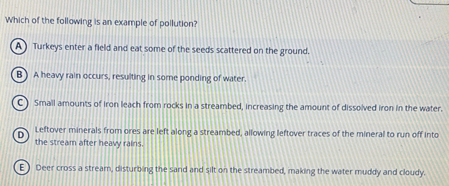 Solved: Which of the following is an example of pollution? A) Turkeys ...