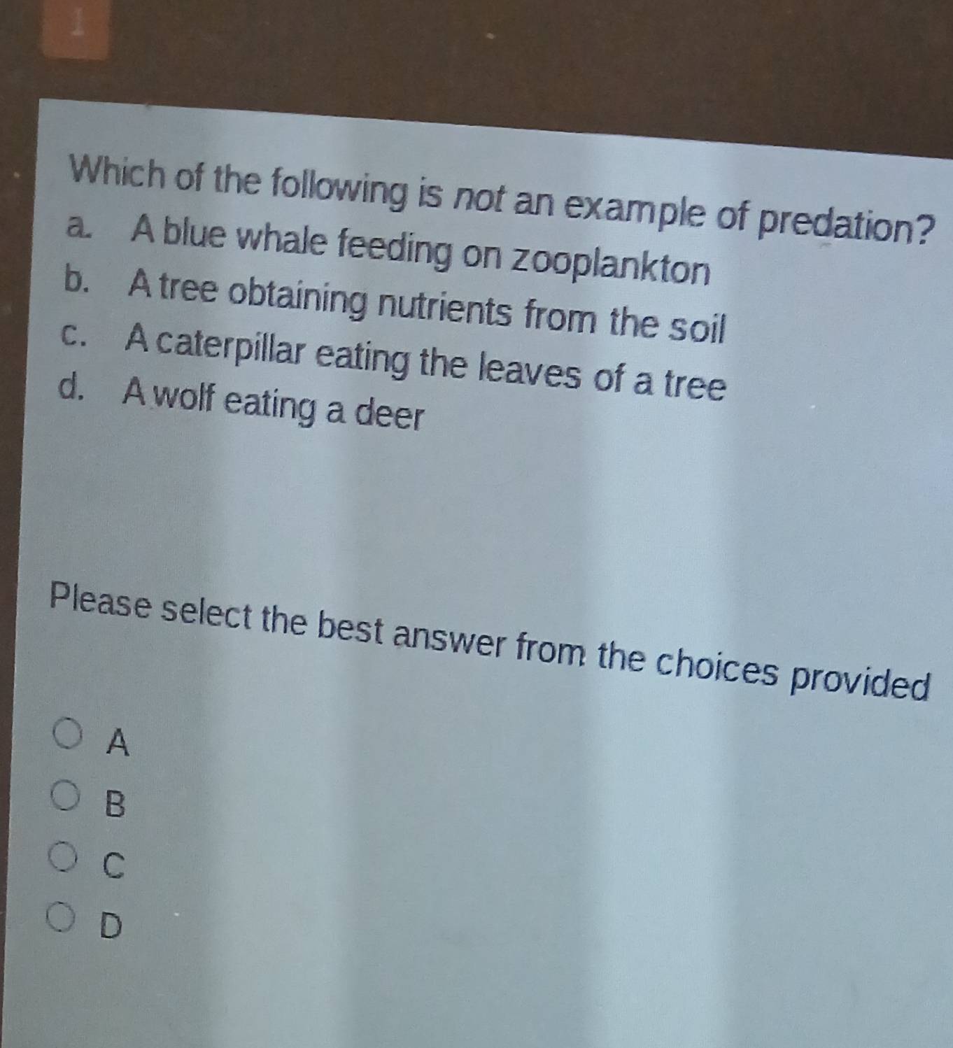 Solved: Which of the following is not an example of predation? a. A ...