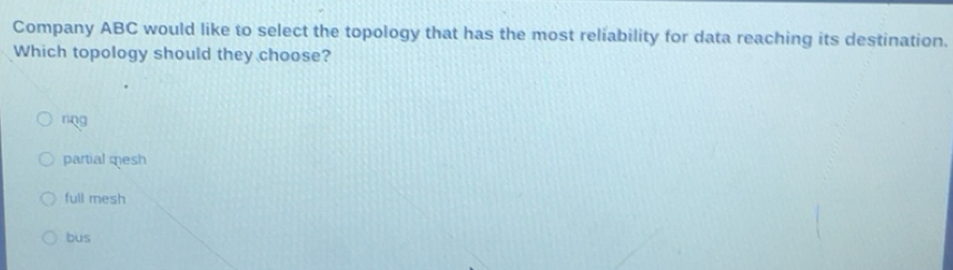 Solved: Company ABC would like to select the topology that has the most ...