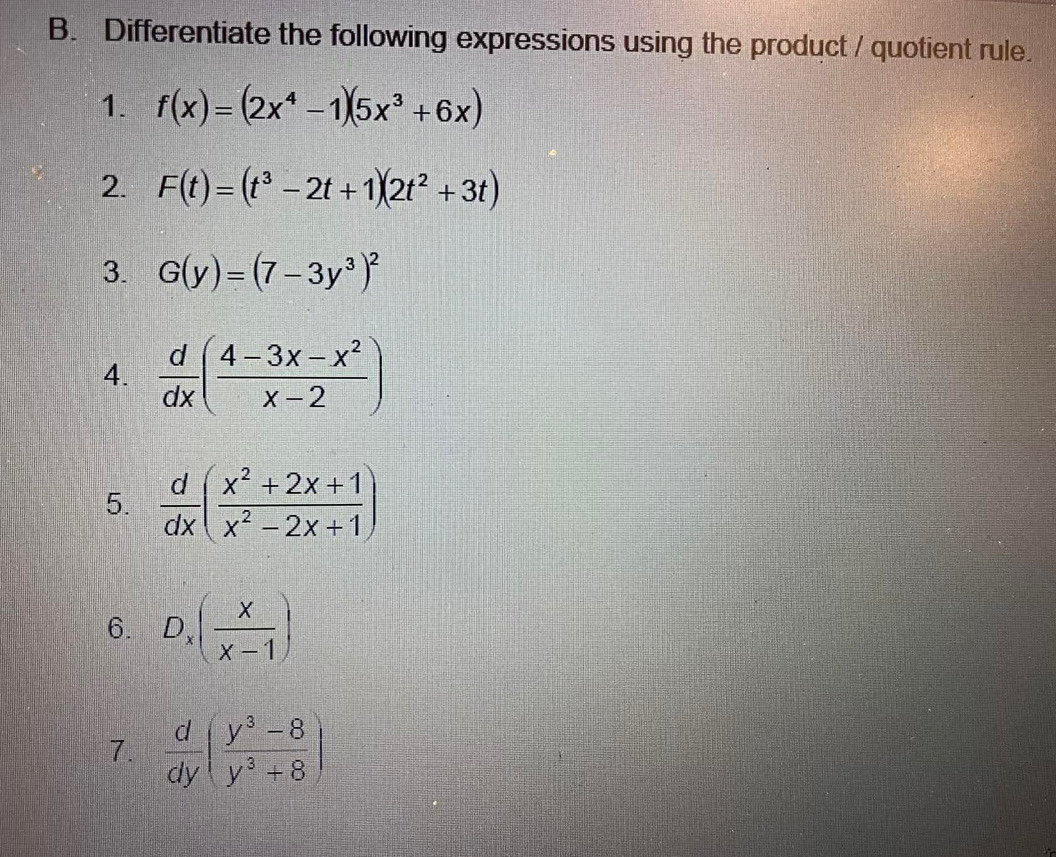 Solved: Differentiate the following expressions using the product ...