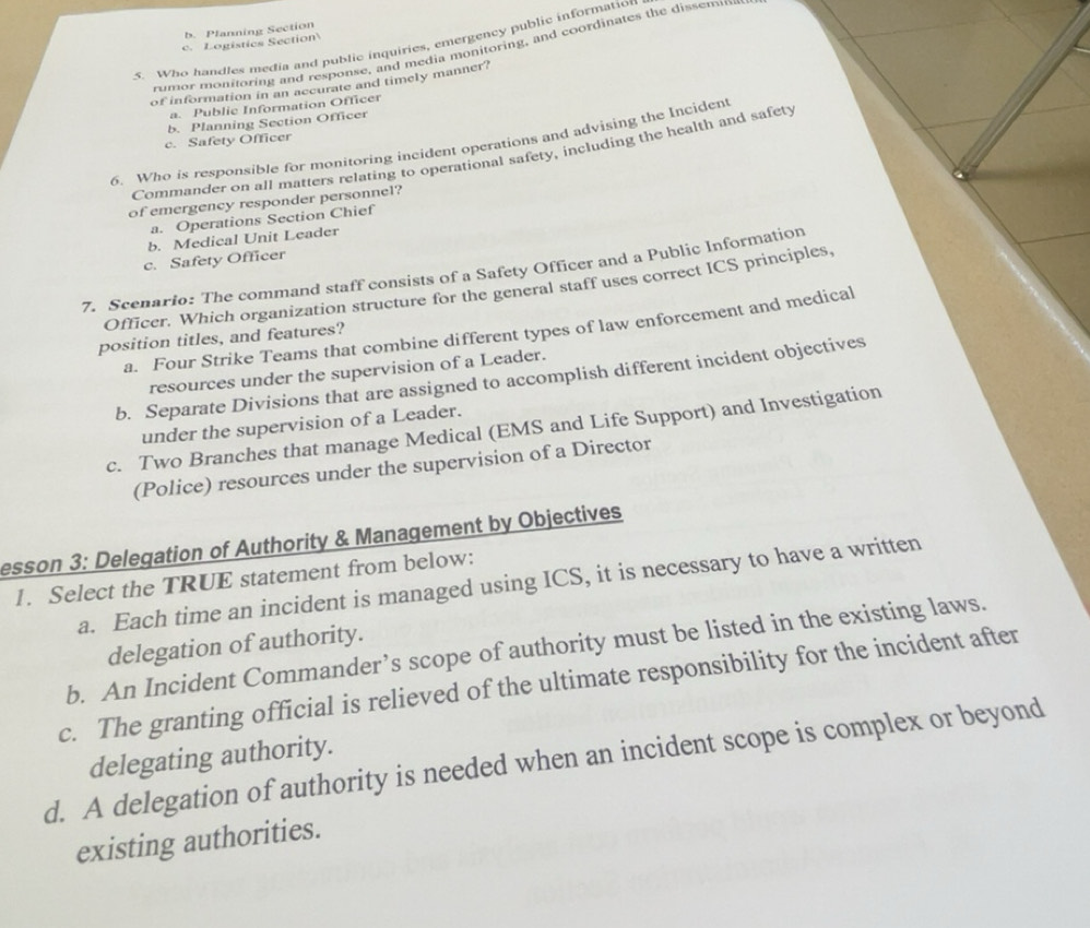 Solved: b. Planning Section c. Logistics Section 5. Who handles media ...