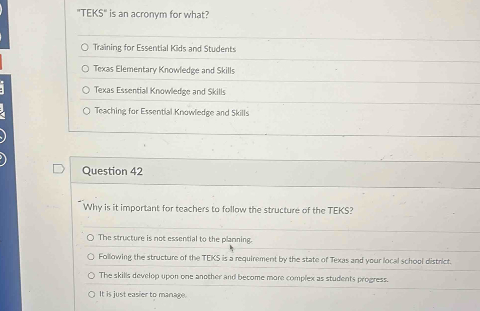 Solved: "TEK (S'' is an acronym for what? Training for Essential Kids ...