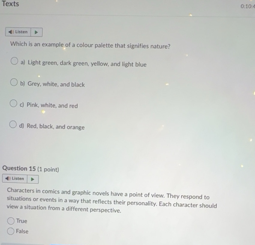 Solved: Texts 0:10: Listen Which is an example of a colour palette that ...