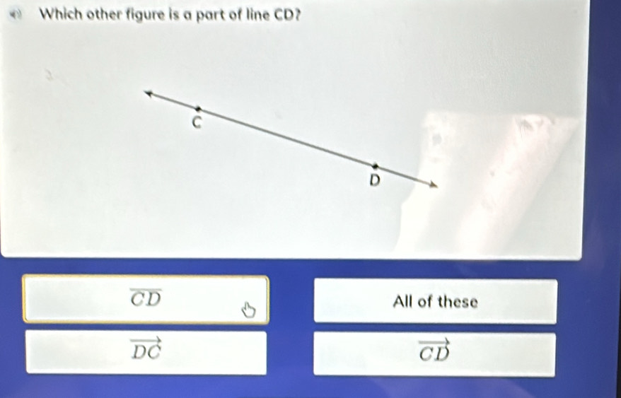 Solved: Which other figure is a part of line CD? overline CD All of ...