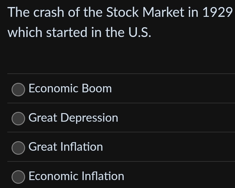 Solved: The crash of the Stock Market in 1929 which started in the U.S ...