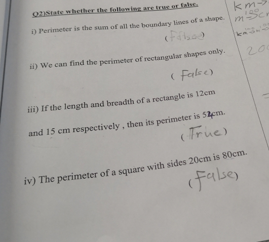Solved: Q2)State whether the following are true or false. i) Perimeter ...