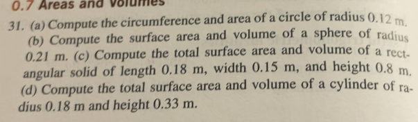 Solved: 0.7 Areas and volumes 31. (a) Compute the circumference and ...