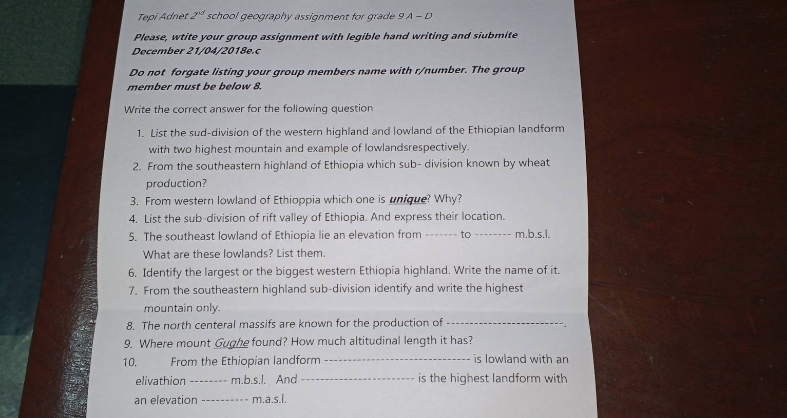 Résolu :Tepi Adnet 2^(nd) school geography assignment for grade 9 A - D ...