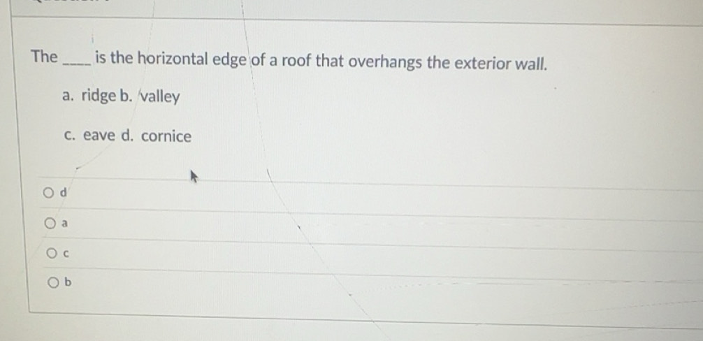 Solved: The_ is the horizontal edge of a roof that overhangs the ...
