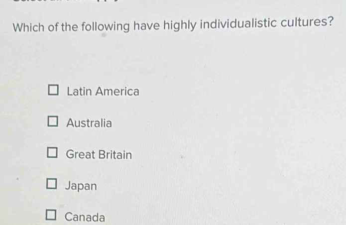Solved: Which of the following have highly individualistic cultures ...