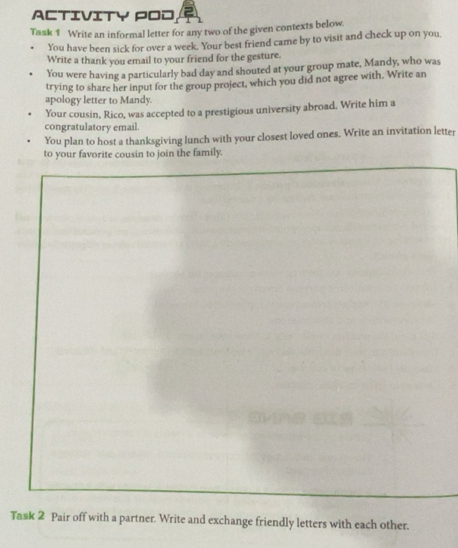 Solved: ACTIVITY POD Task 1 Write an informal letter for any two of the ...