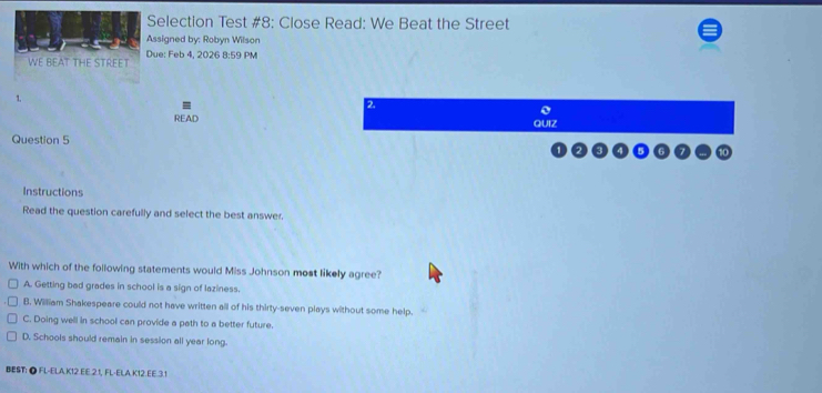 Solved: election Test #8: Close Read: We Beat the Street ssigned by ...