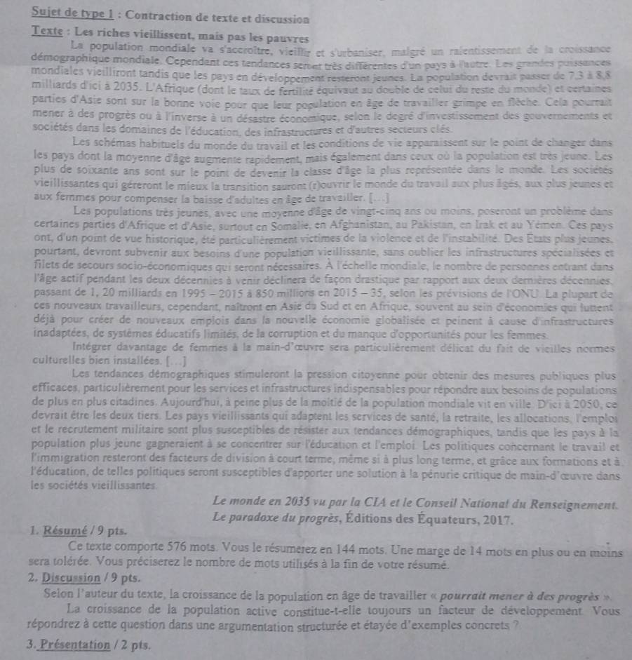 Solved: Sujet de type 1 : Contraction de texte et discussion Texte ...