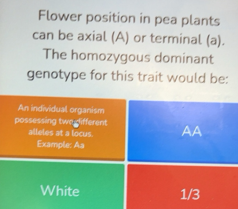 Solved: Flower position in pea plants can be axial (A) or terminal (a ...