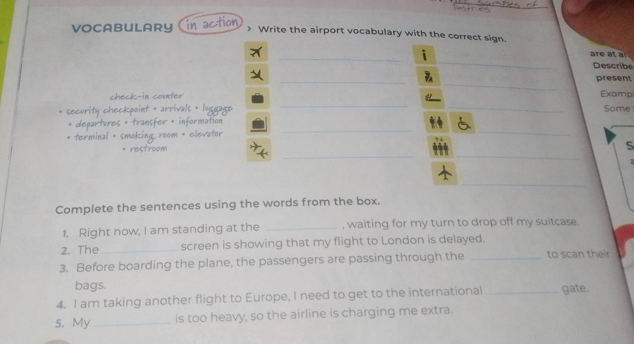 Resuelto:VOCABULARY Write the airport vocabulary with the correct sign ...