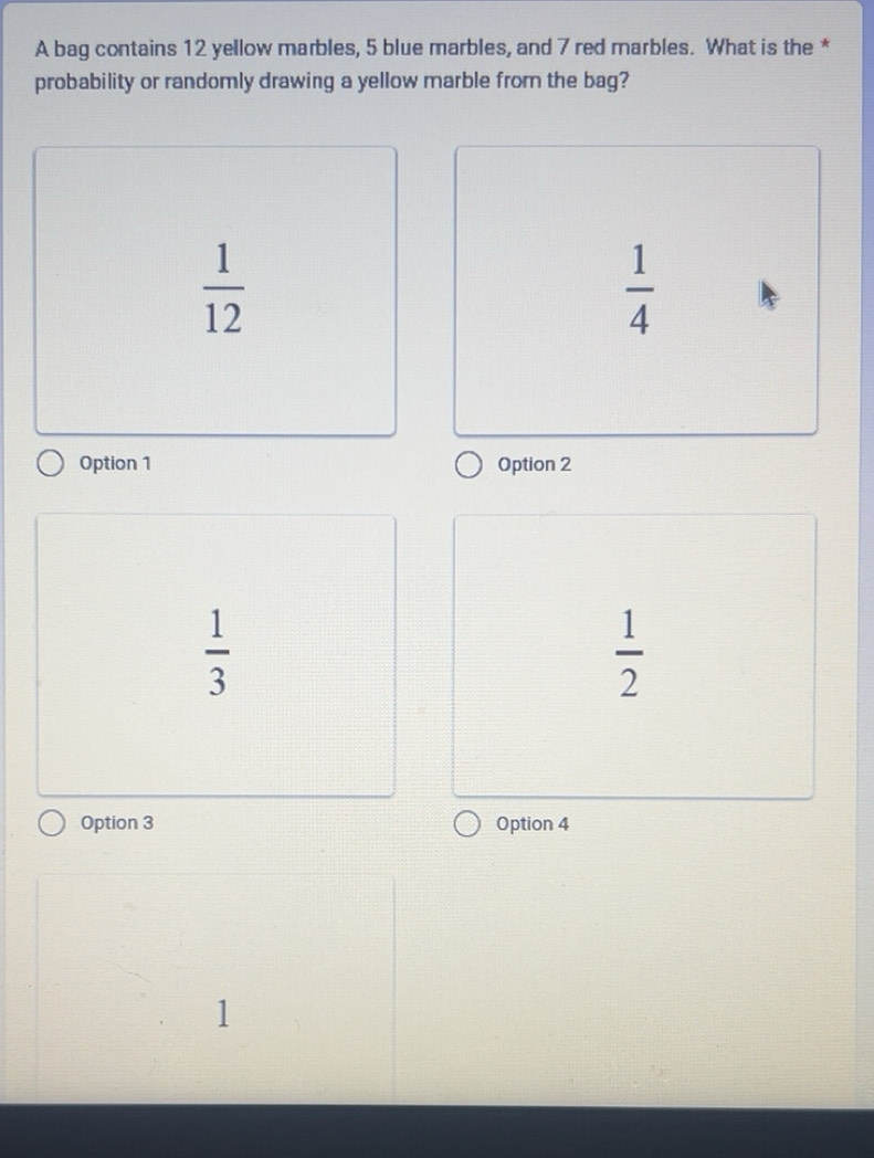 Solved: A bag contains 12 yellow marbles, 5 blue marbles, and 7 red ...