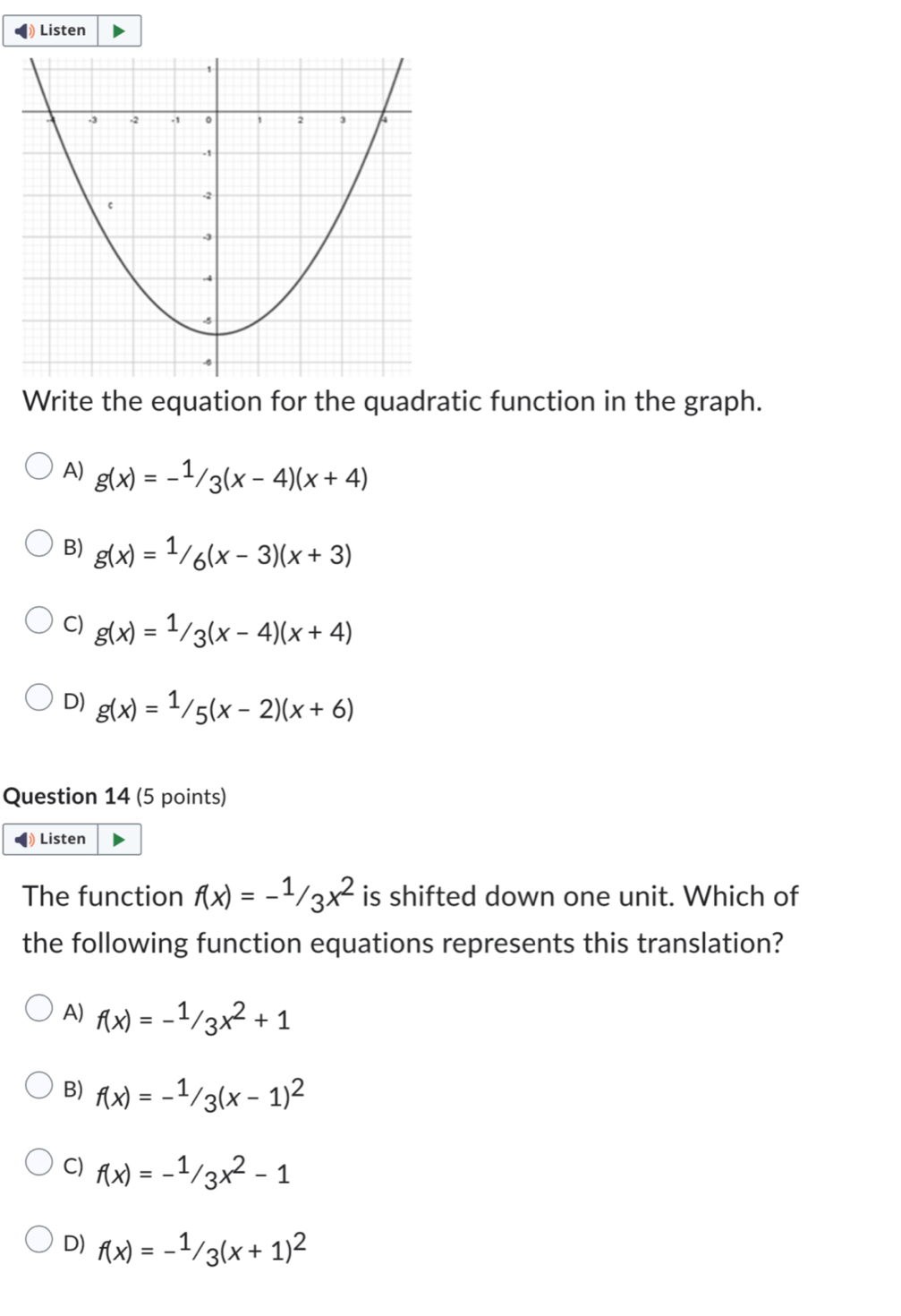 Solved: Listen Write the equation for the quadratic function in the ...