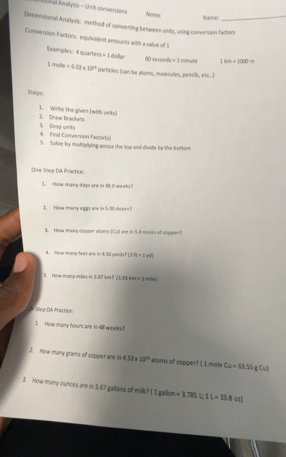 Solved: sunal Analysis - Unit conversions Notes Name: Dimensional ...