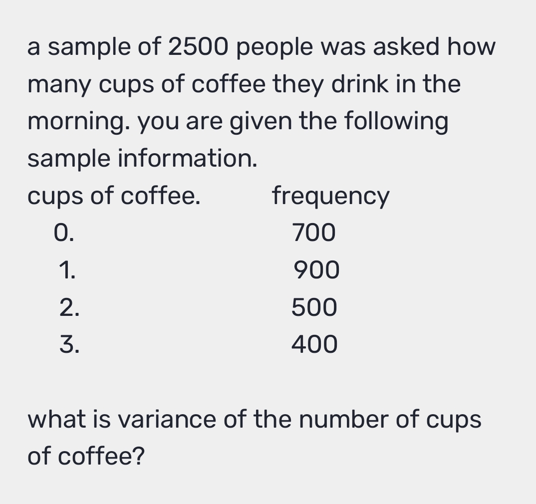 Solved: a sample of 2500 people was asked how many cups of coffee they ...