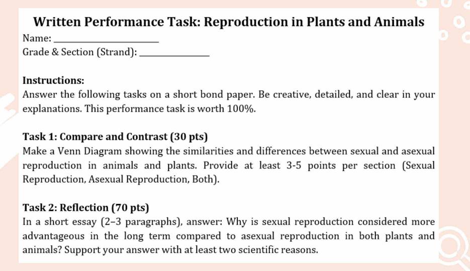 Solved: Written Performance Task: Reproduction in Plants and Animals ...