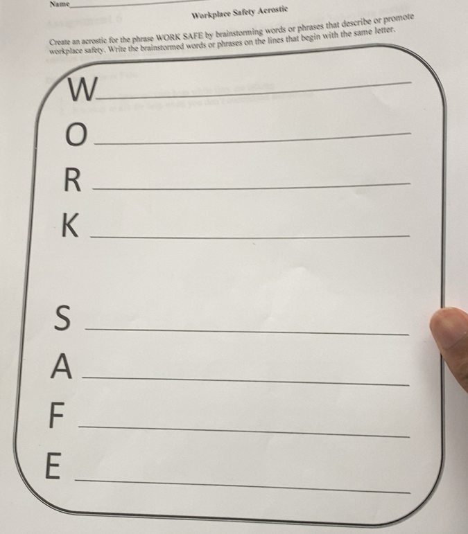 Solved: Name_ Workplace Safety Acrostic Create an acrostic for the ...